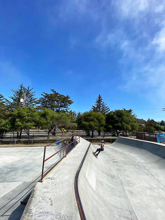 At Monte Family Skate Park, gravity becomes optional as boarders carve concrete waves&mdash;a perfect metaphor for Capitola's blend of surf culture and artistic expression.