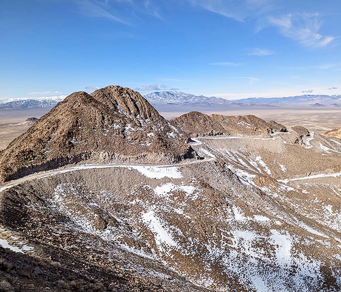 Snow dusts the winding roads of Mt. Butler, creating postcard-worthy vistas that visitors rarely associate with Nevada.
