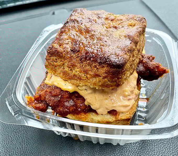 The Nashville Hot Biscuit&mdash;a beautiful marriage of Southern traditions where spicy chicken and creamy sauce find their forever home between buttery biscuit halves.