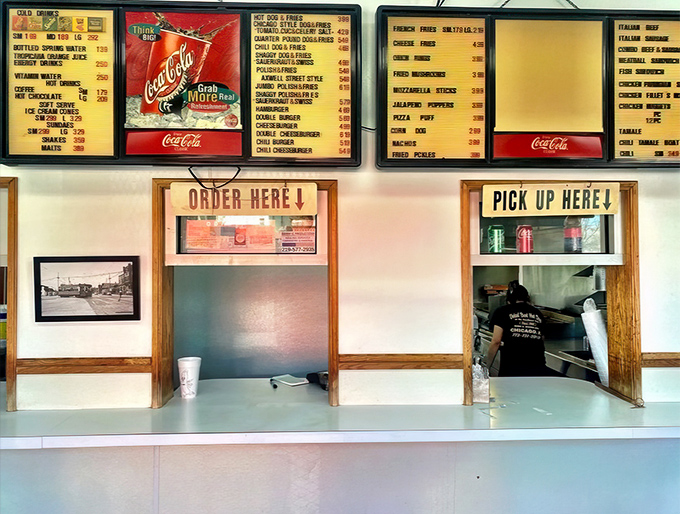 The order counter's well-worn simplicity tells you everything: this place focuses on what matters—making consistently excellent Chicago street food.