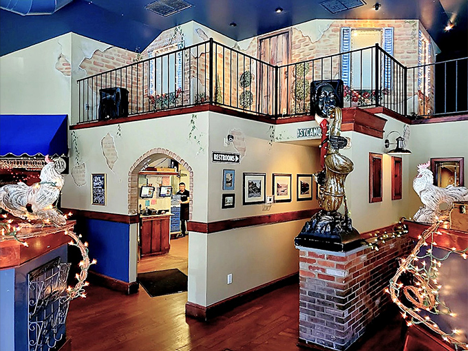 Mediterranean-inspired murals transport you beyond Pennsylvania. The upper level offers a theatrical view of the dining drama unfolding below.