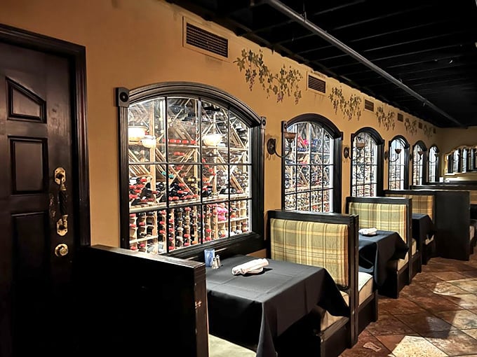 Wine cellar windows offer a tantalizing glimpse into The Earle's impressive collection, like peeking into a liquid treasure chest.