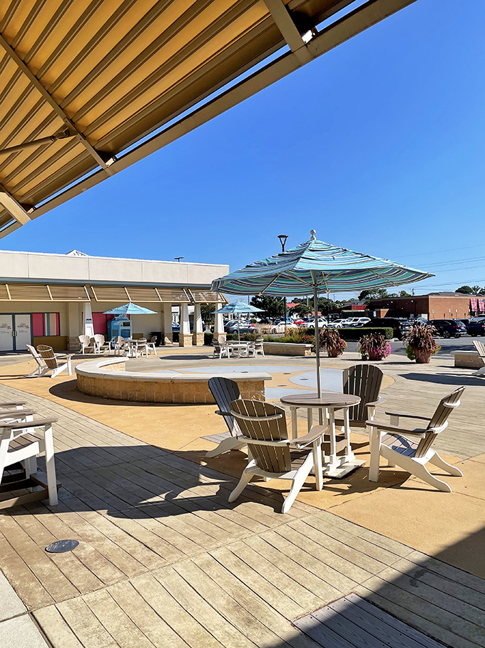 The outdoor seating area provides a perfect respite for weary shoppers&mdash;Adirondack chairs inviting you to rest before the second wave of bargain hunting.