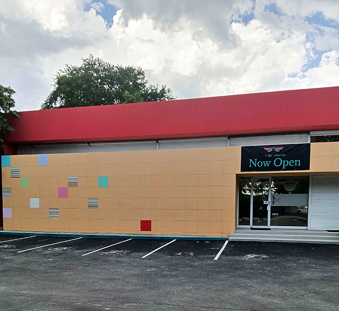 The playful exterior design with its colorful squares feels like a game of hopscotch for grown-ups who love vintage finds.