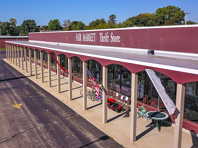 From above, the distinctive architecture of Fair Market stands out&mdash;a landmark for thrift enthusiasts throughout the Fox Valley.