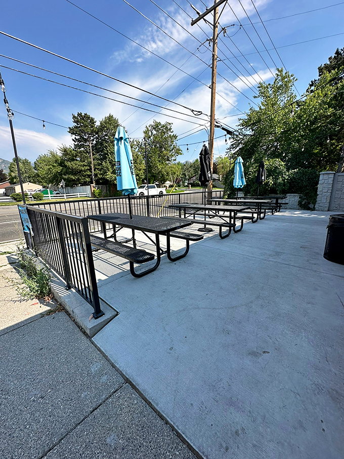 Outdoor seating that invites you to enjoy your burger with a side of mountain air and Utah sunshine.
