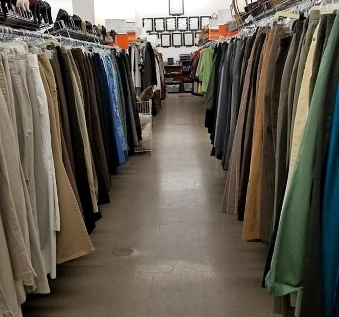 Pants parade down the aisle in perfect formation, sized and sorted like a well-organized closet should be.