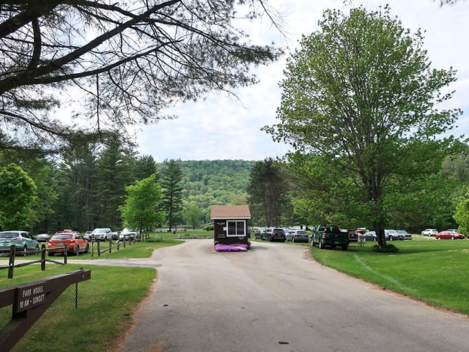 The entrance welcomes visitors with understated Vermont charm. No flashy gates needed when nature provides all the dramatic entrance you could want.