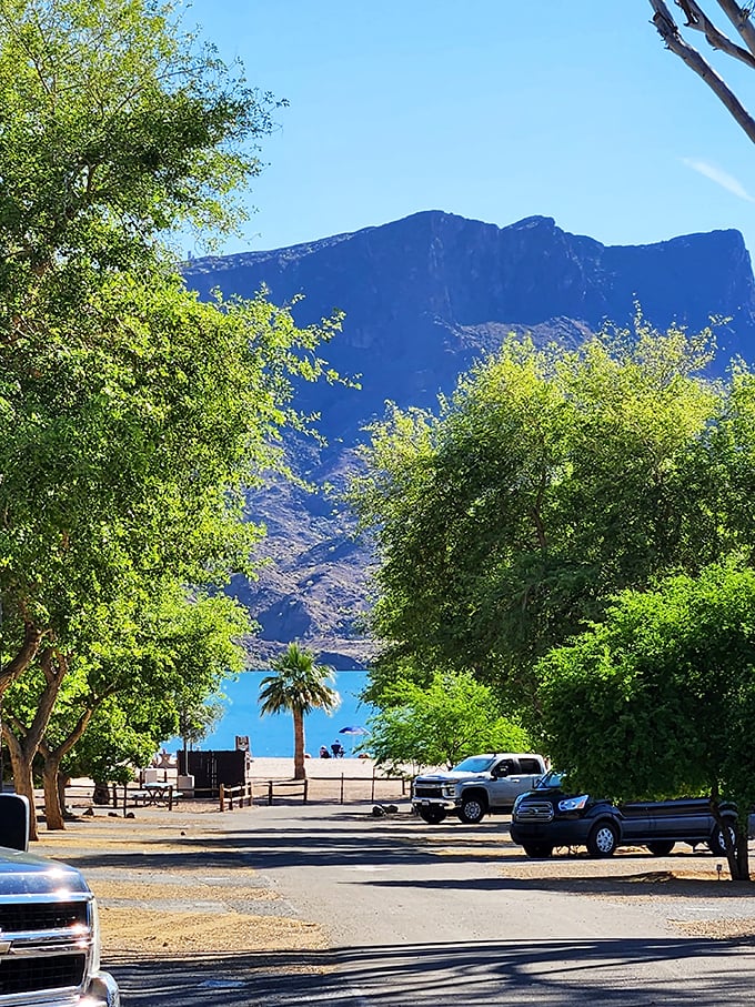The approach reveals glimpses of blue between the trees&mdash;nature's version of a teaser trailer for the spectacular view ahead. 