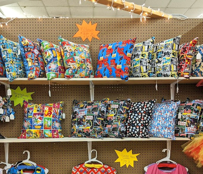 Superhero pillows that would make any grown adult's inner eight-year-old do a happy dance. Batman would approve of this display.