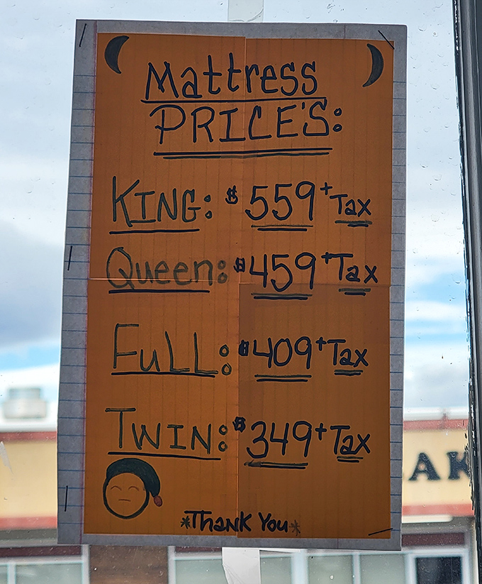 Even mattresses find new homes here, with handwritten signs adding a personal touch to the shopping experience.