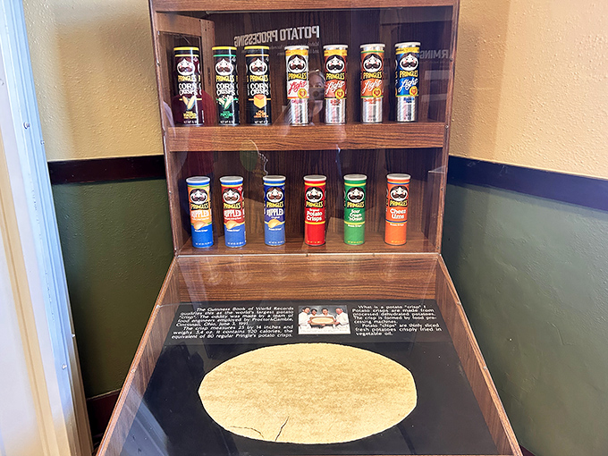 The world's largest potato chip sits enshrined like a crunchy artifact, protected from hungry museum-goers with remarkable self-control.