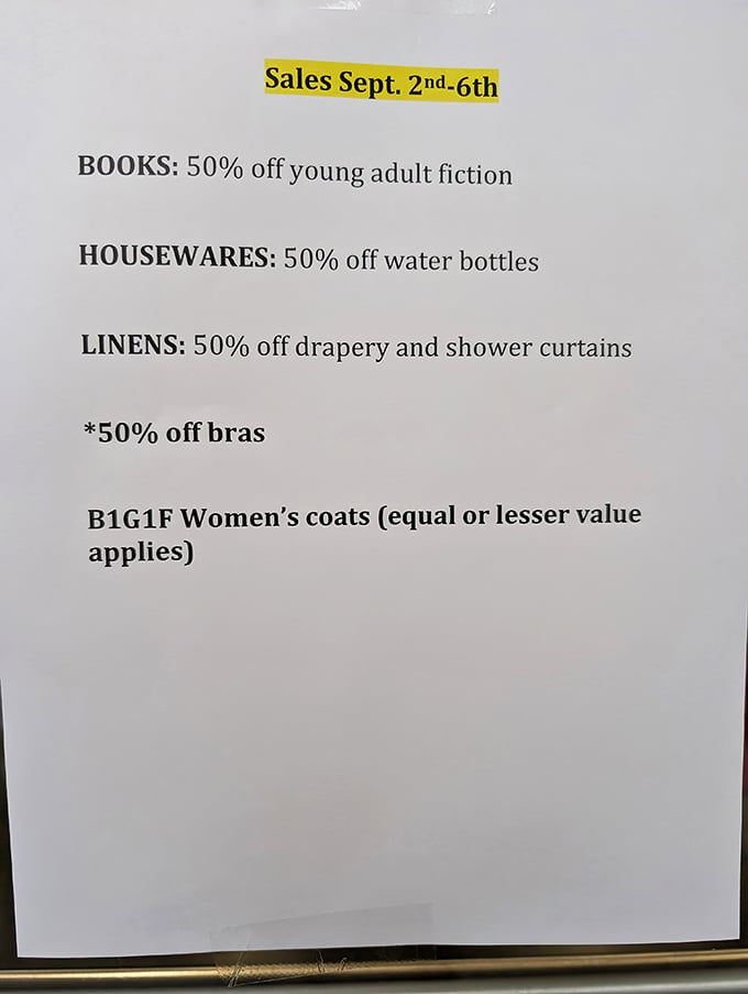 Sale sign poetry&mdash;where "50% off bras" sits comfortably next to "young adult fiction." Only in thrift store land is this perfect marketing.