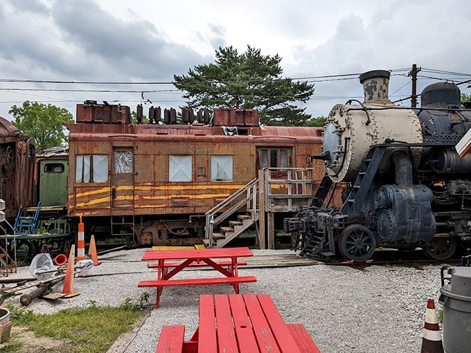 The perfect picnic spot doesn't exi&mdash; Oh wait, it does! Red tables nestled among historic railcars create an only-in-Ohio lunch location.
