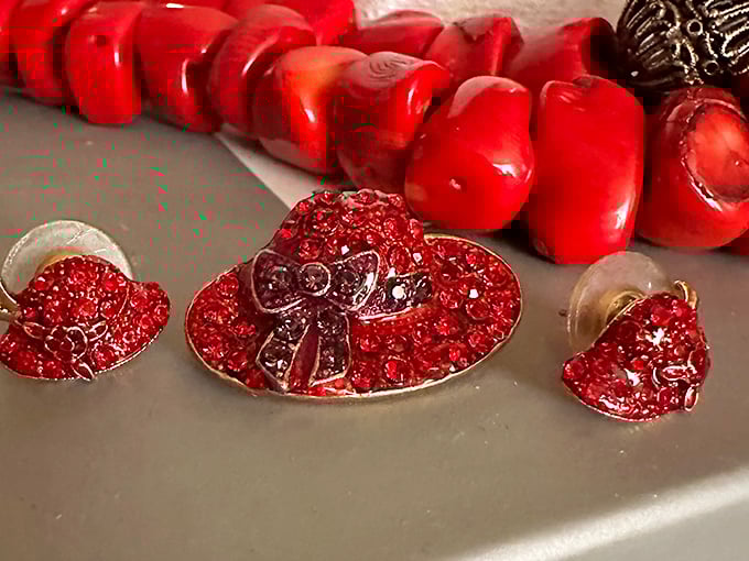 Ruby-red rhinestone accessories that scream "I'm ready for bingo night domination" with vintage glamour to spare.