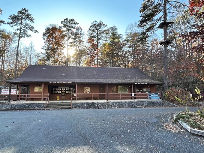 This unassuming building houses creature comforts for wilderness adventurers—because even Thoreau would appreciate a hot shower after a day outdoors.