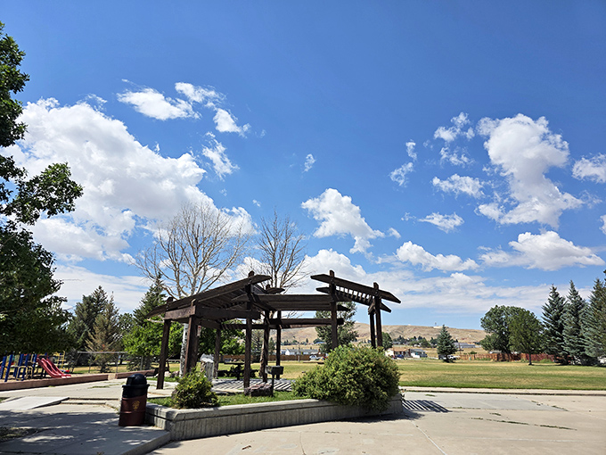 Rob Roy Park provides the perfect gathering spot for community events, where the pergola frames postcard-worthy views of Wyoming's rolling hills.