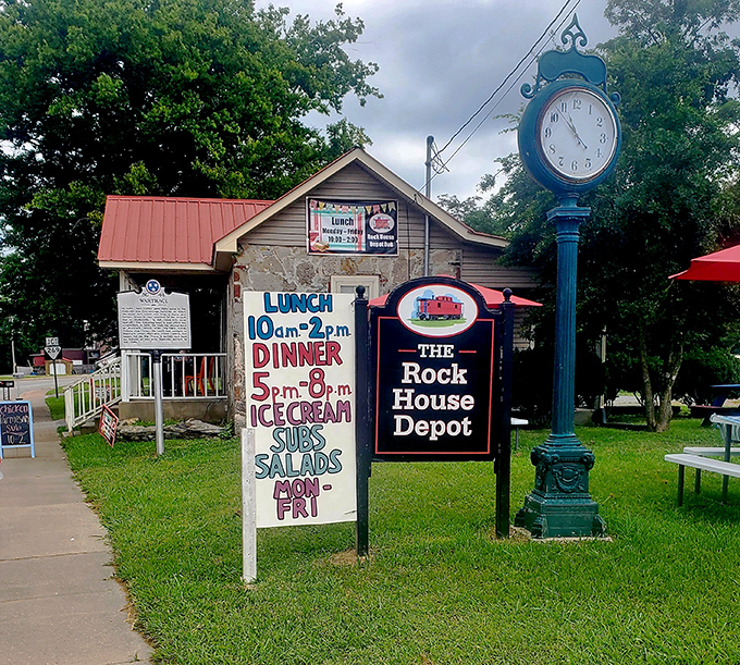 The Rock House Depot's hand-painted sign and vintage clock tower suggest that here, lunch isn't rushed—it's an occasion to be savored.