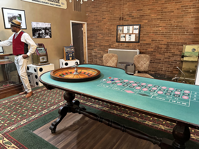 The roulette table and dealer display brings to life the sophisticated gambling operations that once defined Hot Springs.