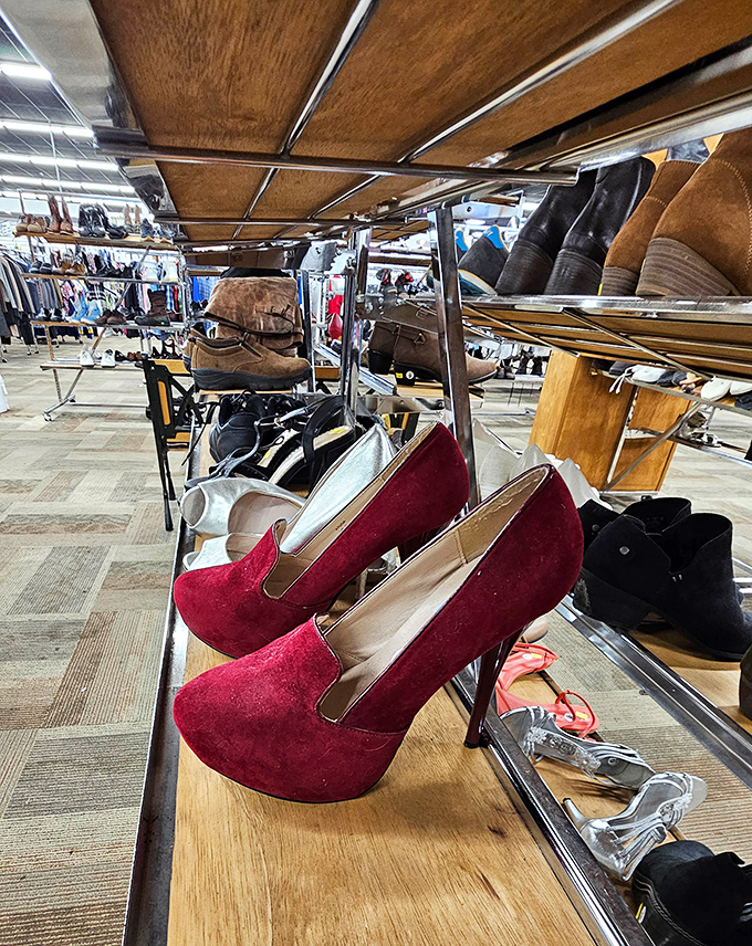 Footwear fantasies come true in the shoe department. Those red suede pumps are practically whispering, "Take me home and give me a second chance at glamour." 