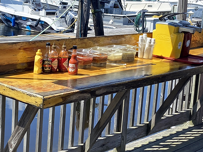 The condiment station &ndash; where customization is king. These bottles hold the power to transform good seafood into your personal perfection.