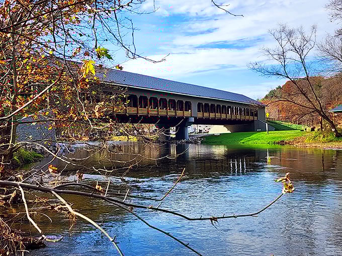 Another angle of the covered bridge reveals its perfect proportions, a testament to craftsmanship that Instagram filters can't improve upon.
