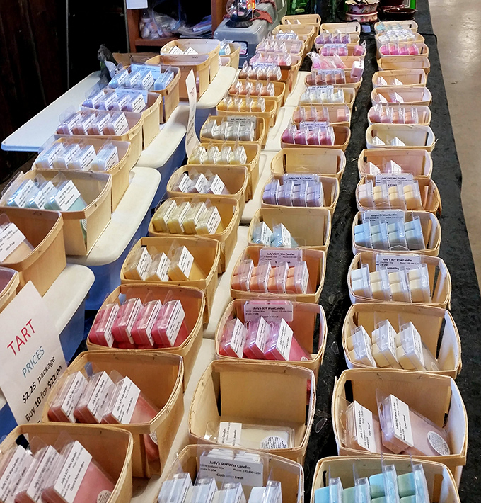 A rainbow of scented wax melts arranged with military precision—each tiny package promising to transform your home into a sensory escape.