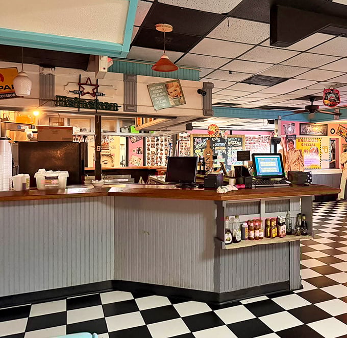 Every great diner needs a command center, and this one's decorated with enough nostalgia to power a Spielberg movie.