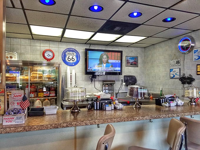 Route 66 signage promises adventure, even if your journey only takes you from parking lot to booth.