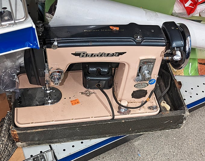 A vintage Brother sewing machine that's seen more decades than most reality TV stars. This mechanical marvel still has miles of stitches left in its well-traveled life.