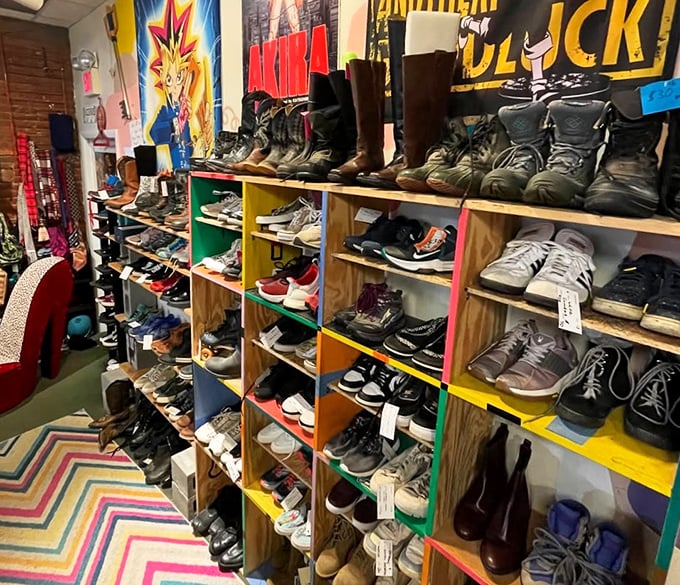 Footwear purgatory: where boots and sneakers wait for their sole mates. The colorful shelving adds a touch of optimism.