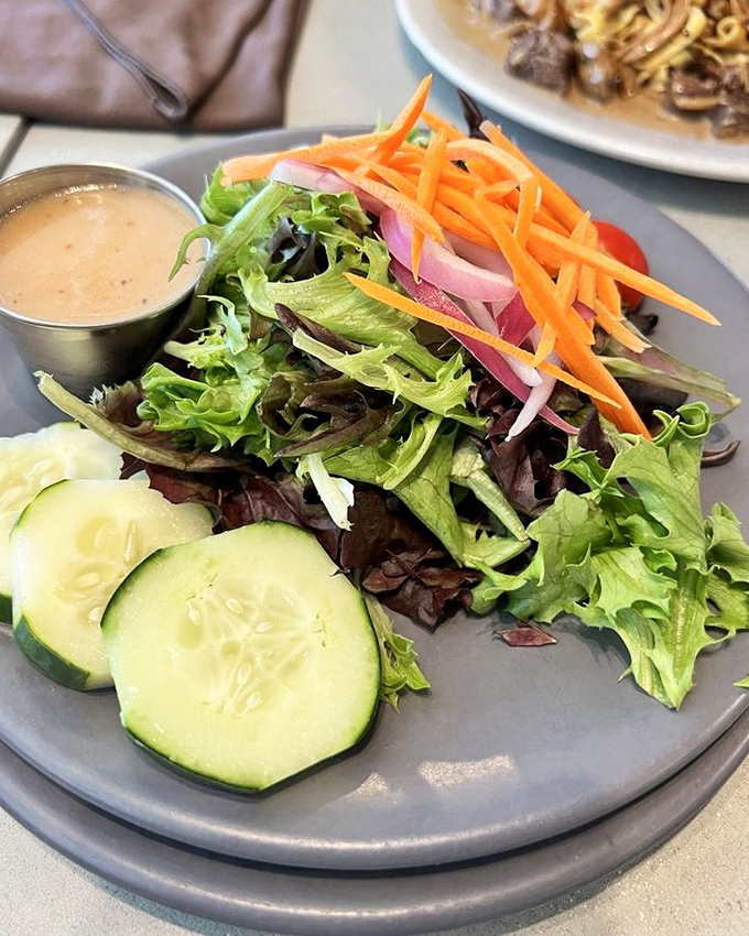 A garden salad that doesn't apologize for being healthy—crisp greens and vibrant vegetables standing proud beside that creamy dressing like nutritional superheroes.