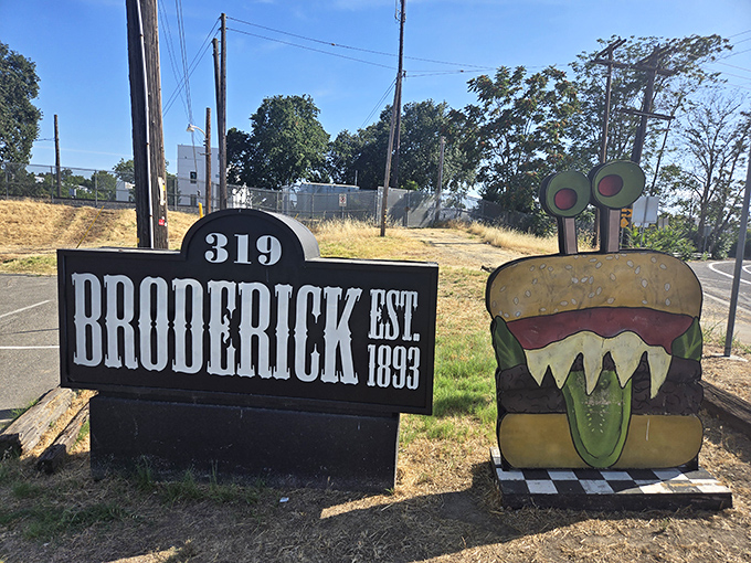 The restaurant's playful signage features a monster burger with attitude. Even the outdoor decor hints at the bold flavors waiting inside.