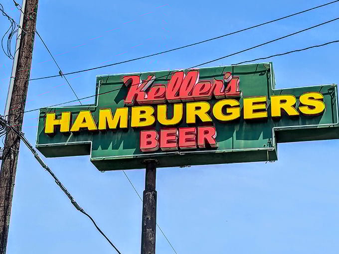 The sign says it all&mdash;Keller's, Hamburgers, Beer. Sometimes the simplest invitation is the most compelling.