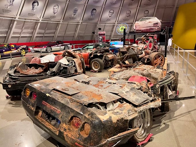 The sinkhole-damaged Corvettes remain displayed in their crushed state&mdash;a haunting automotive memorial that draws more gasps than any pristine showpiece.