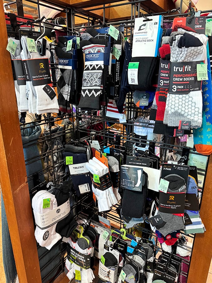 The sock wall&mdash;where practical meets whimsical, and your feet's future happiness hangs in color-coded rows.