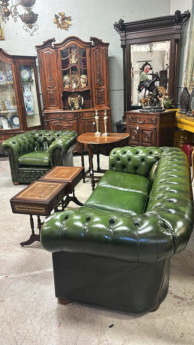 These green Chesterfield sofas aren't just seating &ndash; they're British aristocracy vacationing in Louisiana, ready for your bourbon-sipping sessions.
