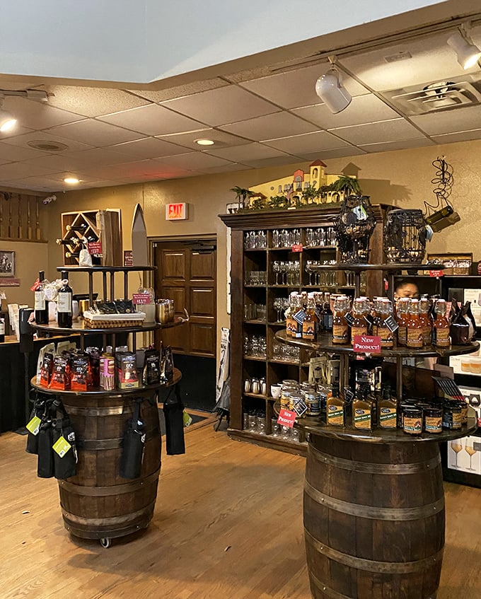 The gift shop barrels cleverly disguise their true purpose: separating wine lovers from their money while convincing them it was their idea.