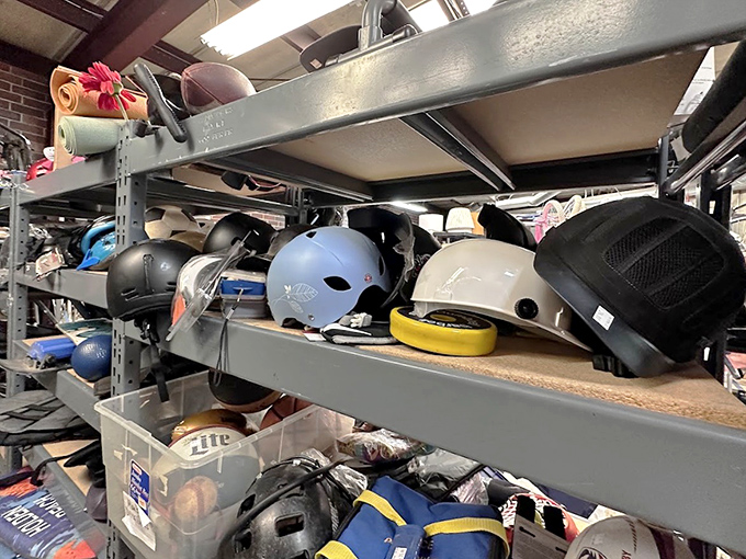 Sports equipment shelf: where abandoned helmets get second chances and your wallet gets a much-needed timeout.