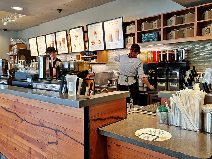 Familiar coffee comfort awaits weary shoppers seeking caffeinated courage for tackling the next round of stores.