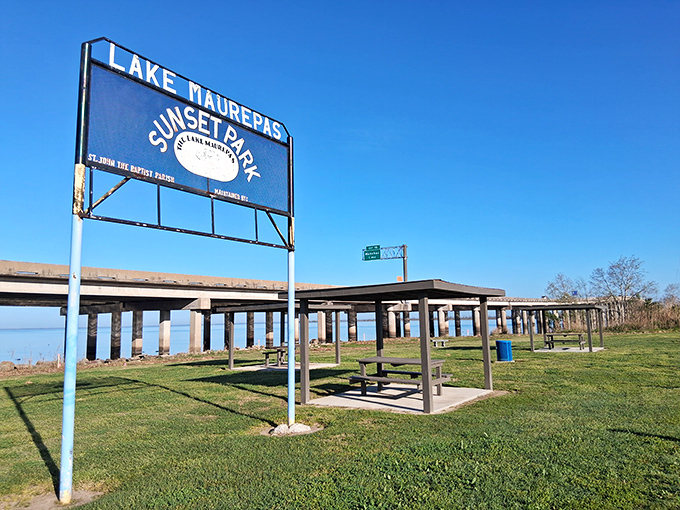 Lake Maurepas Sunset Park offers simple pleasures: picnic tables, water views, and the kind of sunsets that make smartphone cameras feel wholly inadequate.
