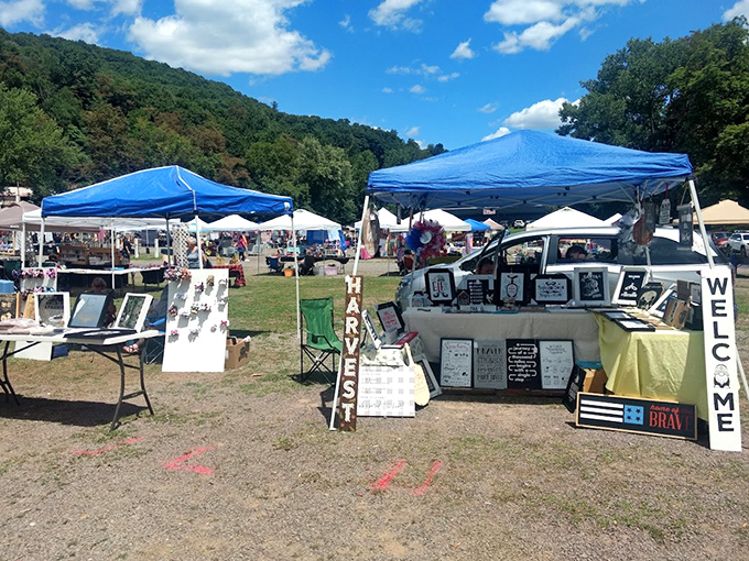 Vendors display their wares under Pennsylvania skies, turning the drive-in into a weekend marketplace of possibilities.