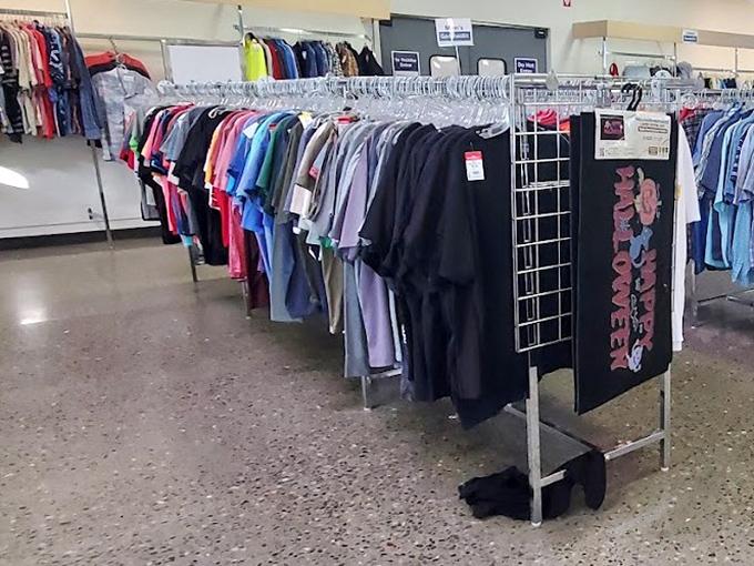 Men's shirts arranged with military precision&mdash;business casual options that won't have your credit card filing for emotional distress.