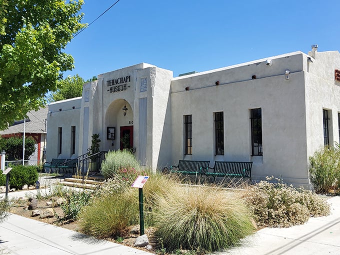 The Tehachapi Museum's whitewashed walls and desert landscaping create a perfect backdrop for the stories of this mountain community.