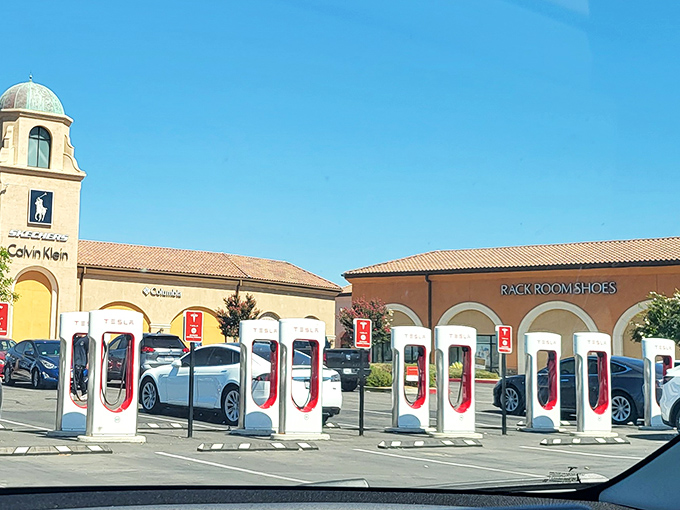 The Tesla Supercharger lineup&mdash;where environmentally conscious shoppers power up their vehicles while powering through their shopping lists.