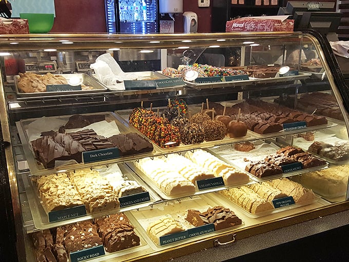 The Fudgery's display case: where diets go to die and shopping energy gets replenished. That rocky road fudge is practically calling your name.