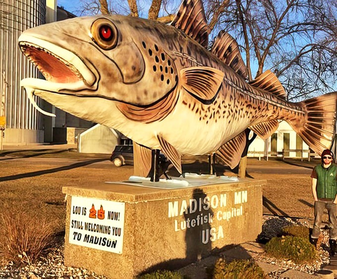 Golden hour transforms the giant lutefisk into a sunset-kissed masterpiece, its scales glowing with unexpected warmth.