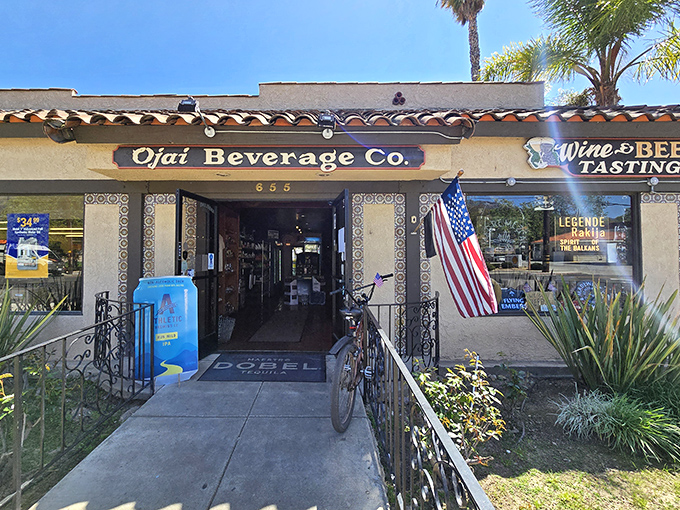 The Ojai Beverage Company welcomes thirsty travelers with patriotic flair and the promise of California's finest craft libations just beyond those Spanish tiles.