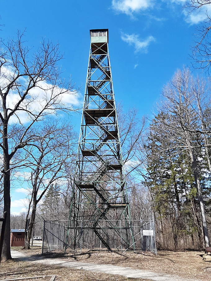 The fire tower reaches skyward like a stairway to heaven, offering panoramic views that no drone footage could truly capture.
