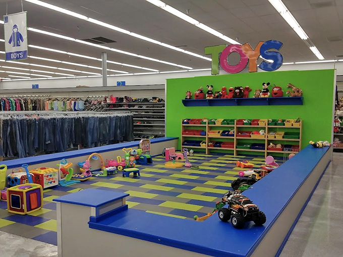 The toy section: a primary-colored playground where yesterday's treasures await today's children, complete with nostalgic triggers for accompanying adults.